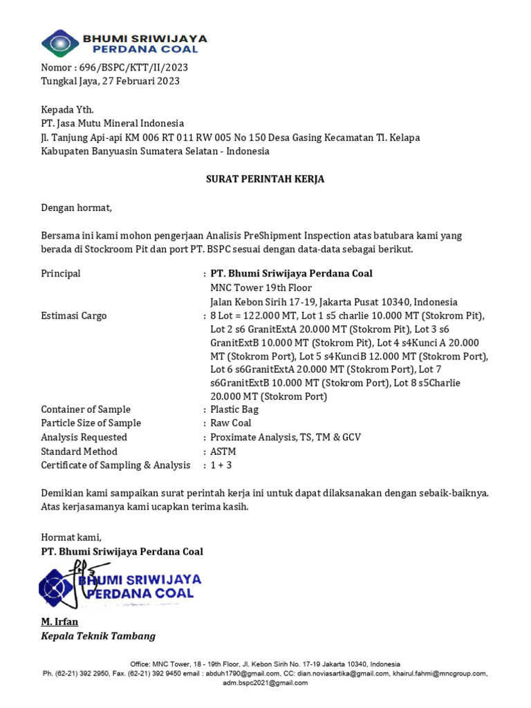 SPK696-KTT-BSPC-II-2023 - PT - Jasa Mutu Mineral Indonesia | PDF