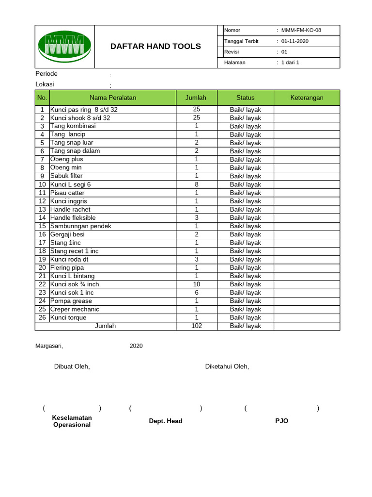 MMM-FM-KO-08 - 01 (Form Daftar Hand Tools) | PDF