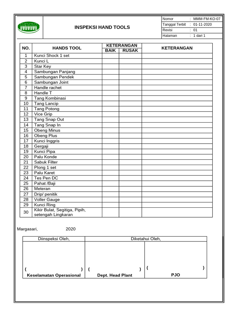 MMM-FM-KO-07 - 01 (Form Inspeksi Hands Tool) | PDF