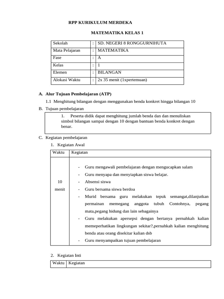 RPP Kelas 1 MTK | PDF