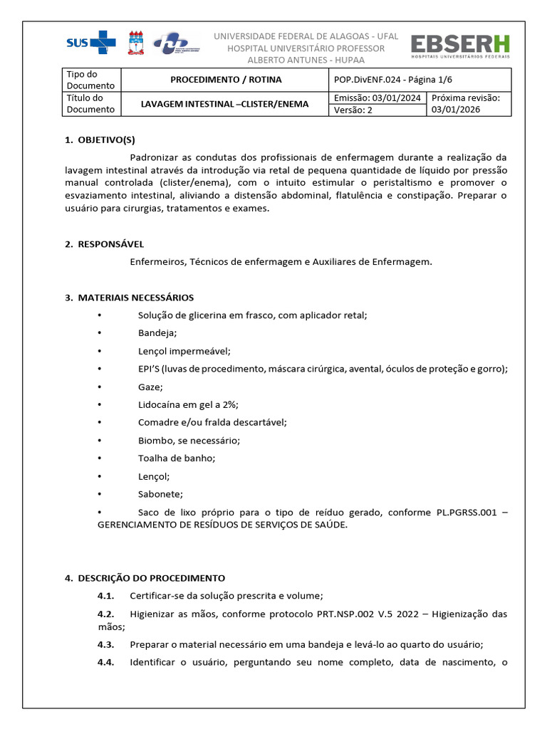 Procedimento de Clister para Lavagem Intestinal | PDF | Enfermagem ...