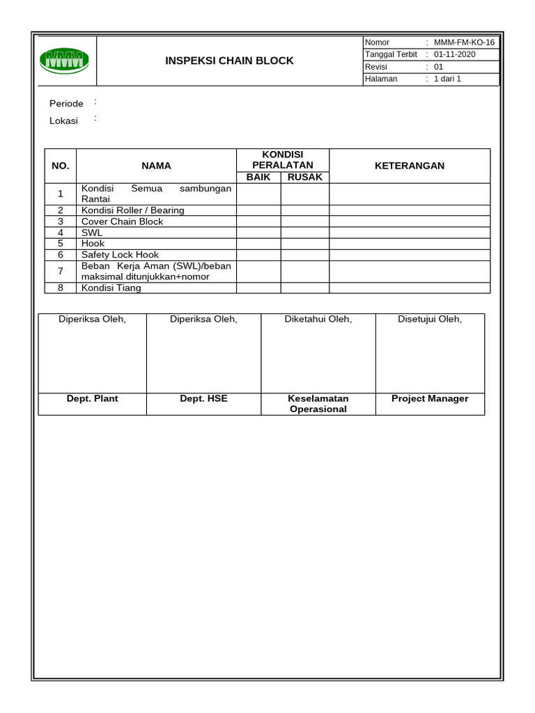MMM-FM-KO-16 - 01 (Form Inspeksi Chain Block) | PDF