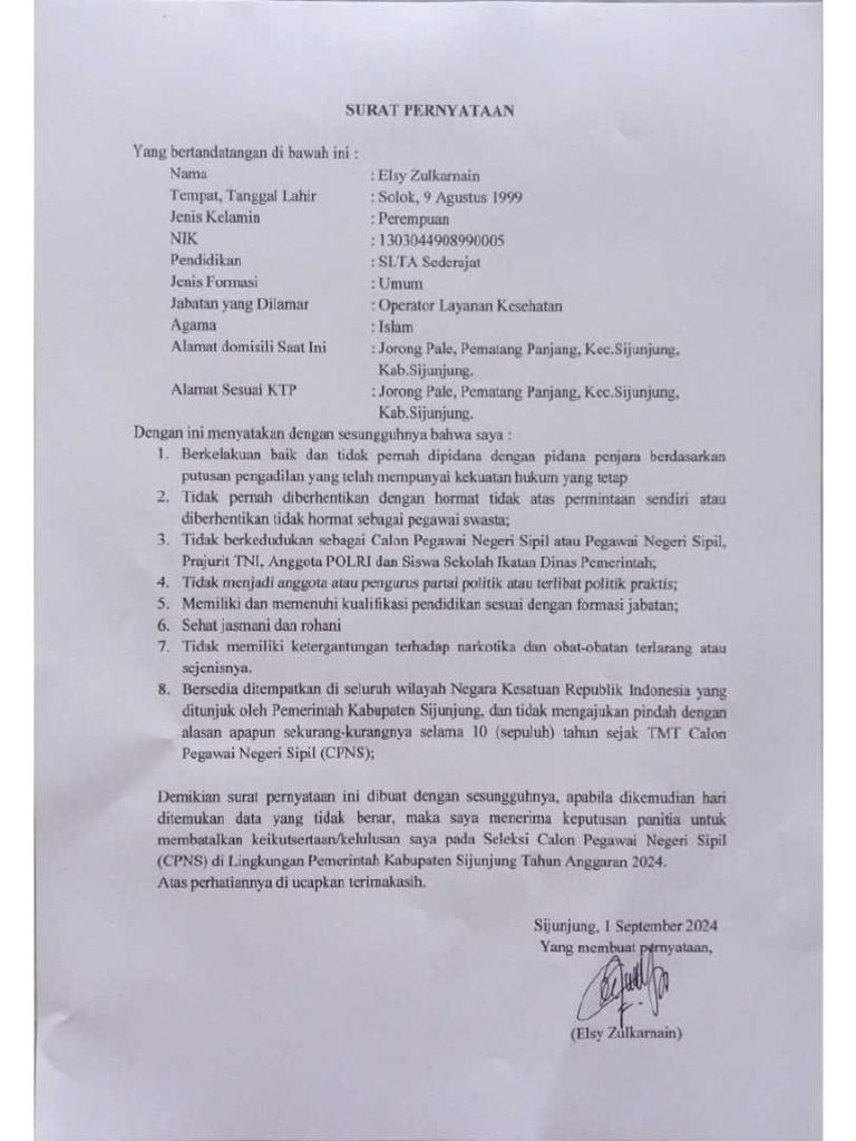 Surat Pernyataan Elsy 1 - 11zon | PDF