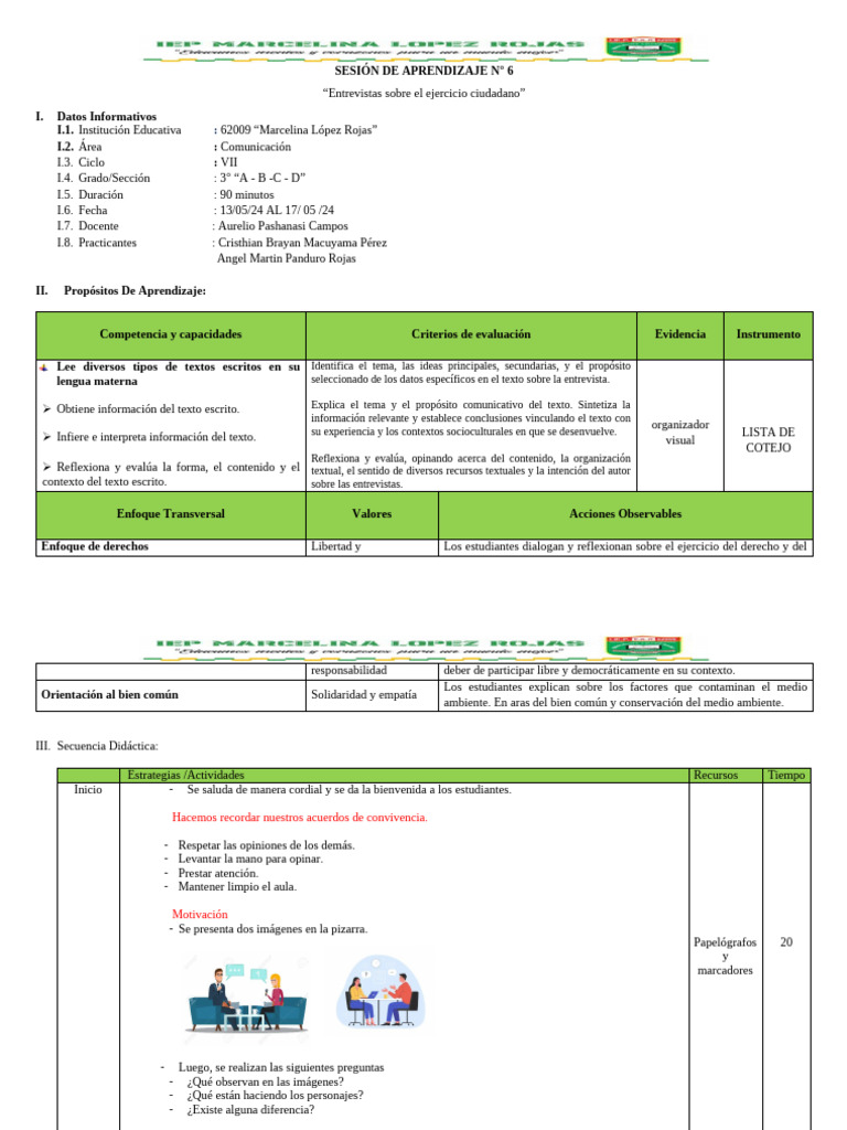 Sesión de Aprendizaje 2024 - Corregido-1 | PDF | Aprendizaje | Cuestionario