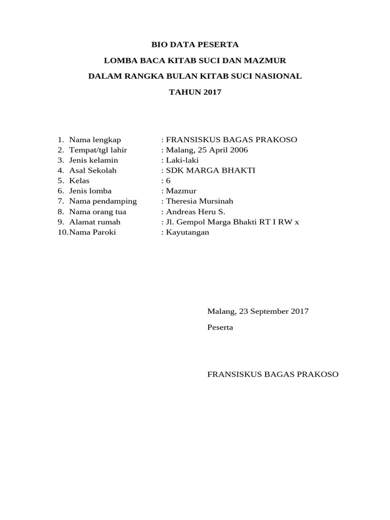 BIODATA PESERTA LOMBA BACA KITAB SUCI DAN MAZMUR | PDF BIODATA PESERTA LOMBA BACA KITAB SUCI DAN MAZMUR | PDF
