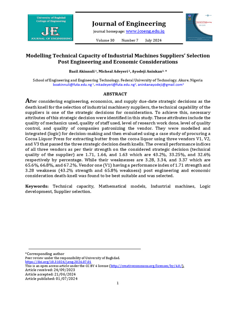 Journal of Engineering: Modelling Technical Capacity of Industrial ...