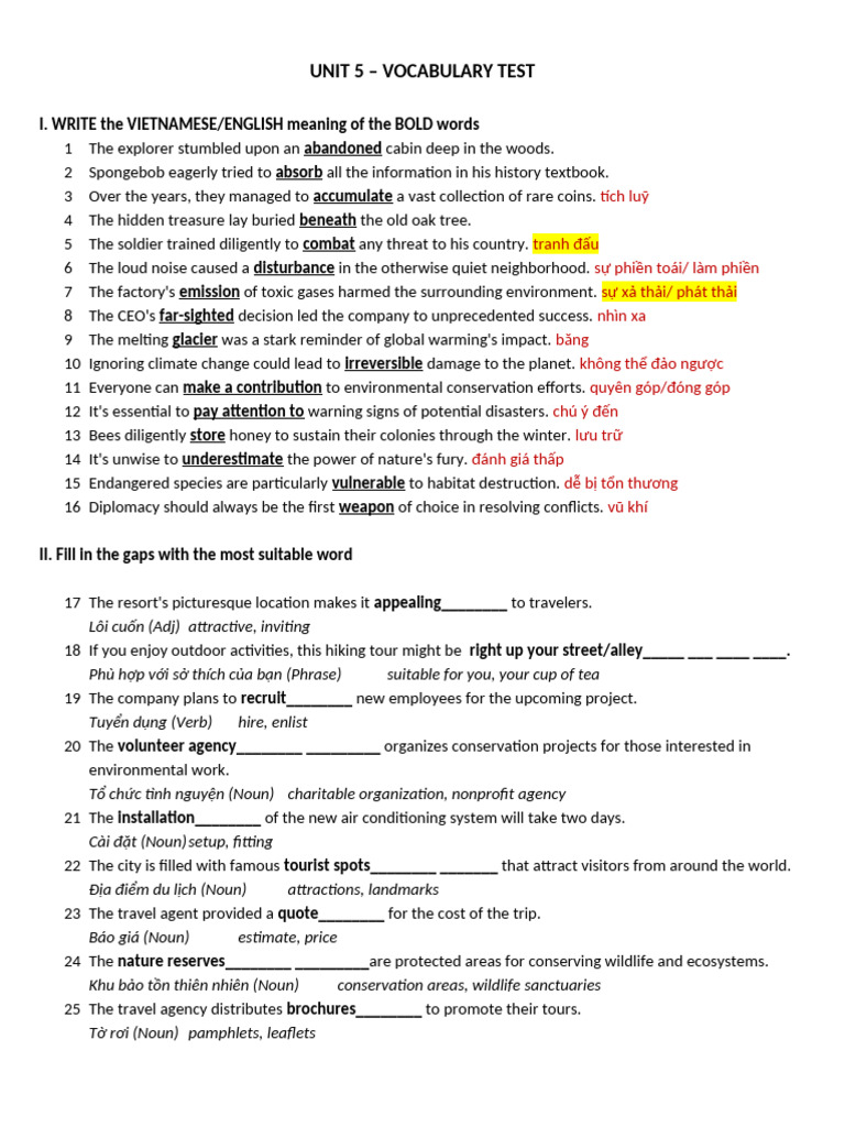 Unit 5 - Vocabulary Test | PDF