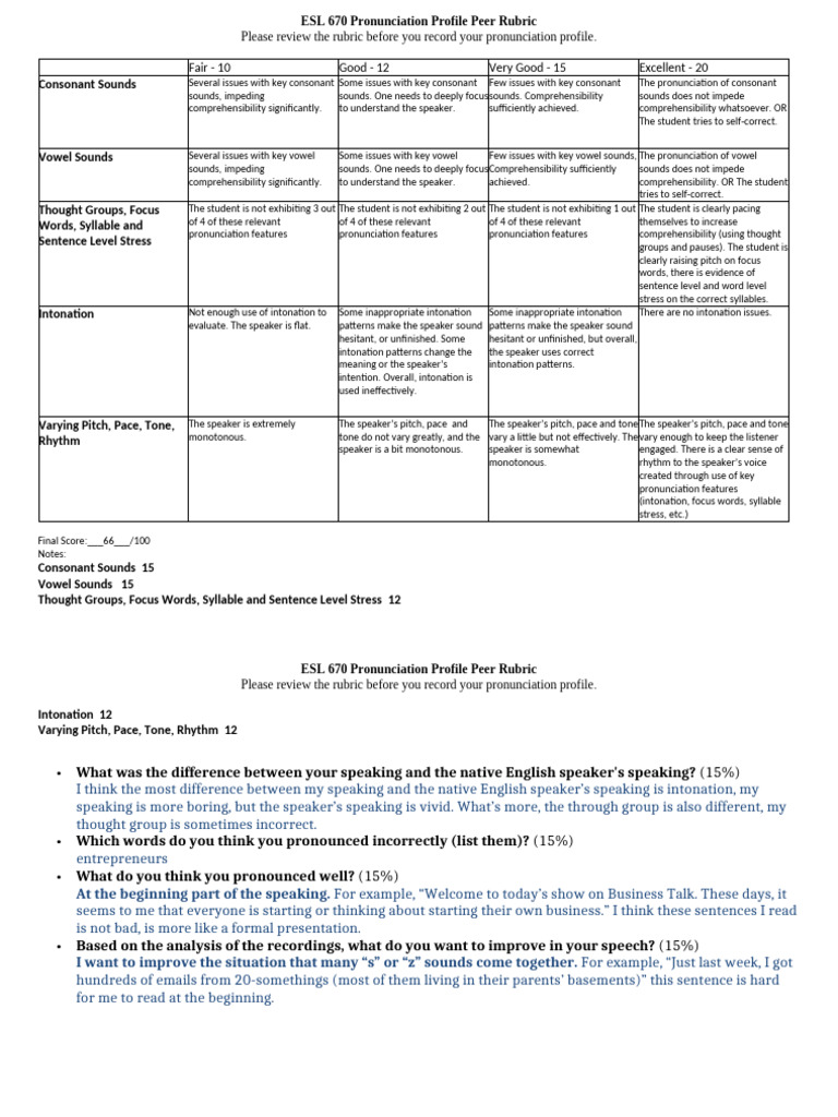 Pronunication Profile Rubric - Initial and Question - Xuanyu LIN | PDF