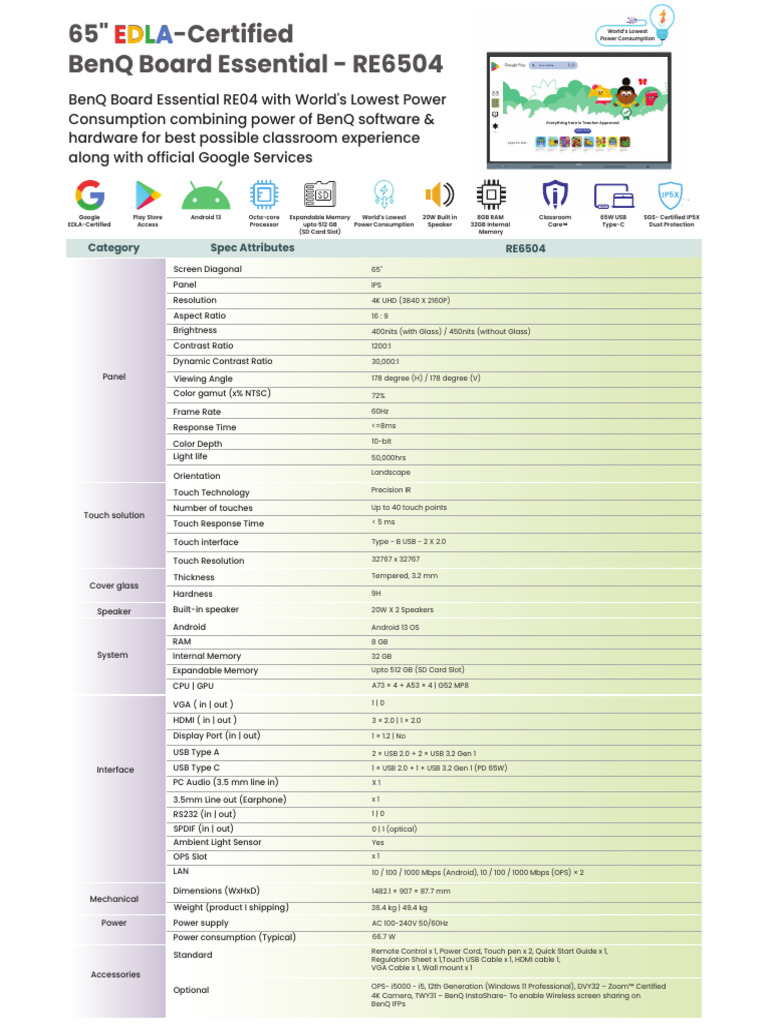 BenQ Spec Sheet RE6504 | PDF