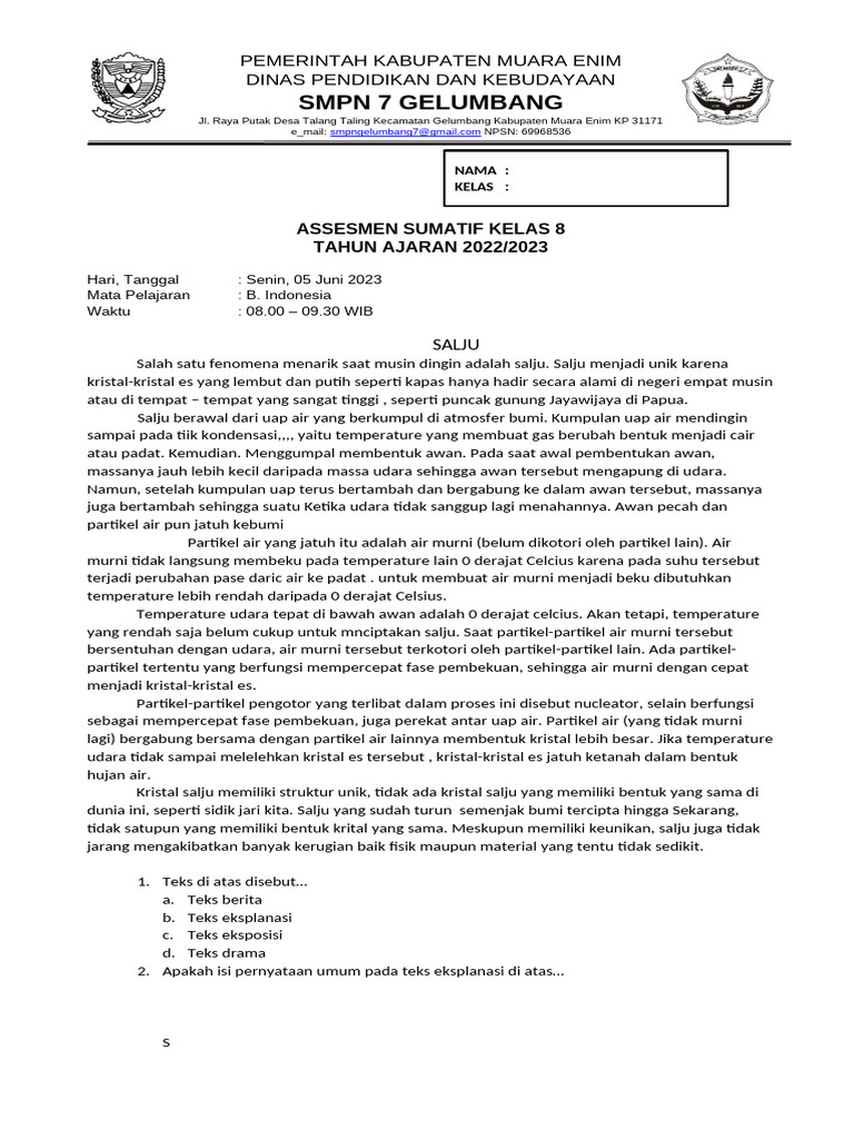 Soal Asesment Sumatif SMT 2 Bahasa Indonesia | PDF