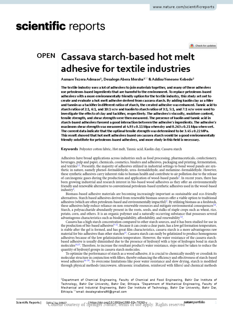 Cassava Starch-Based Hot Melt Adhesive For Textile | PDF