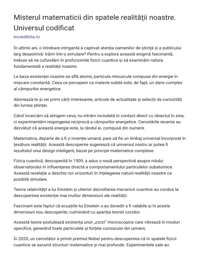 Misterul Matematicii Din Spatele Realității Noastre1 | PDF
