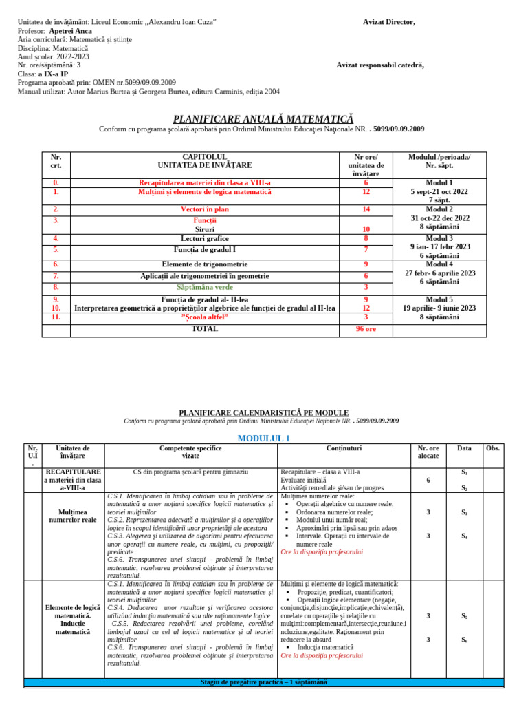 Planificare - 9A - Prof. - 22 - 23 | PDF | Trigonometry | Elementary Geometry