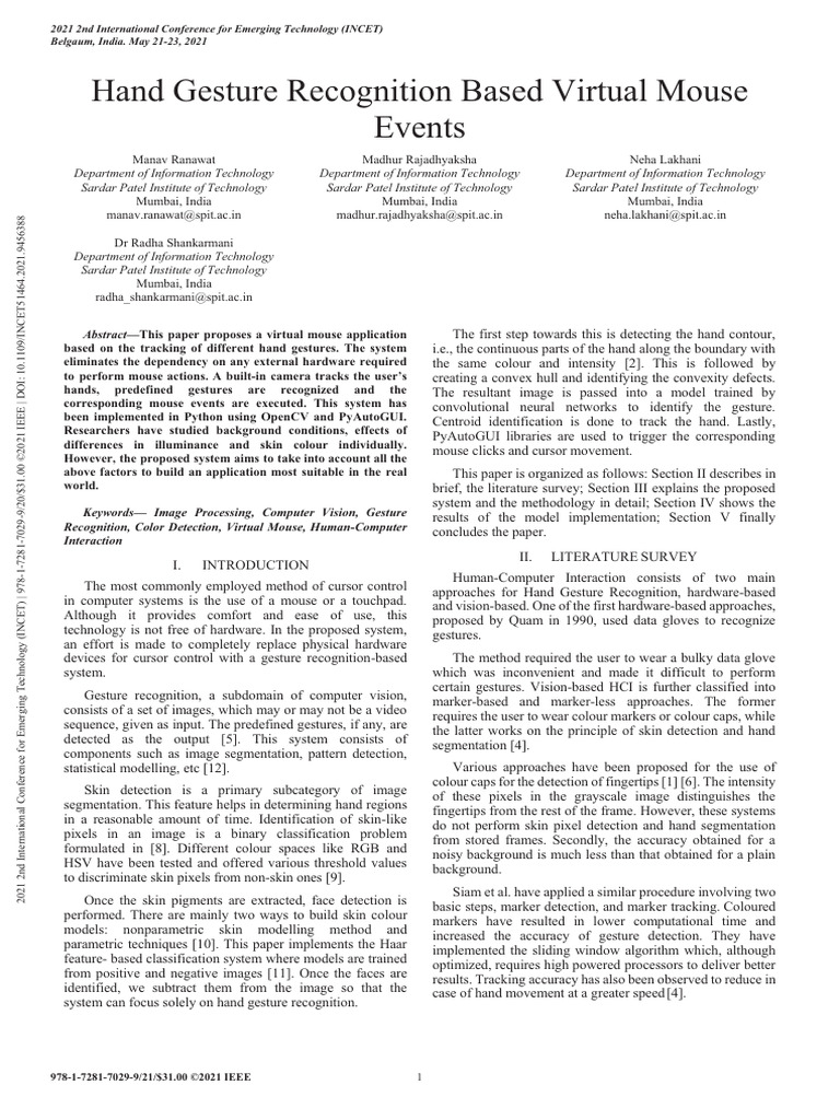 Hand Gesture Recognition Based Virtual Mouse Events | PDF | Image Segmentation | Computers