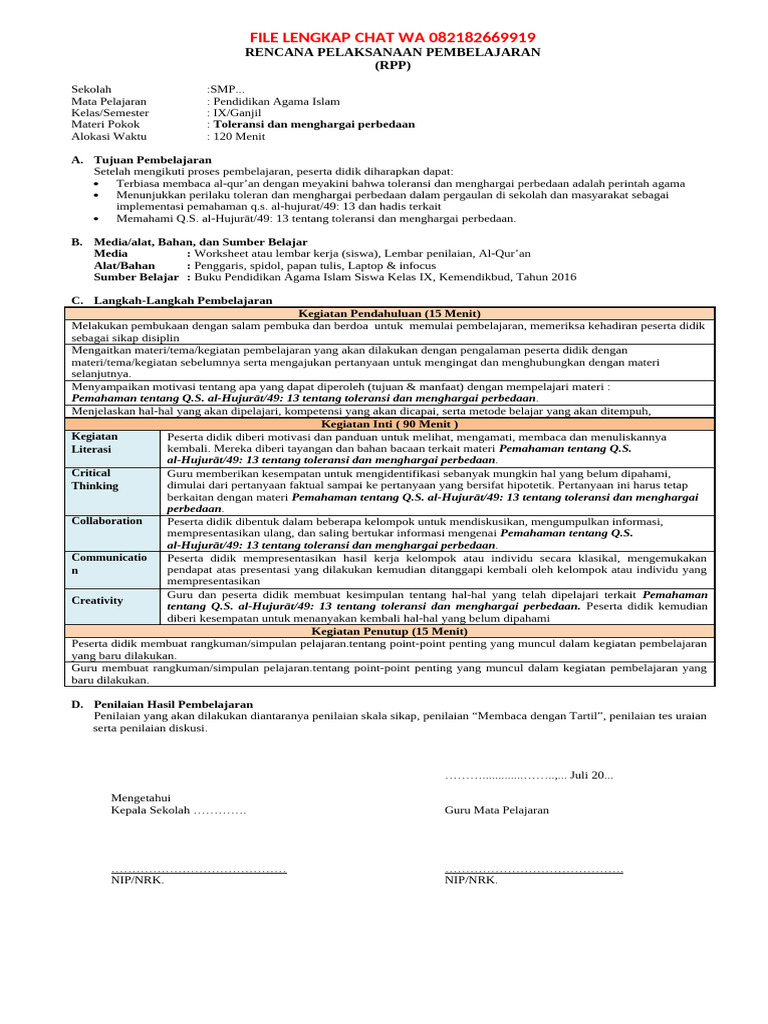 Contoh RPP PAI SMP Kelas 9 | PDF