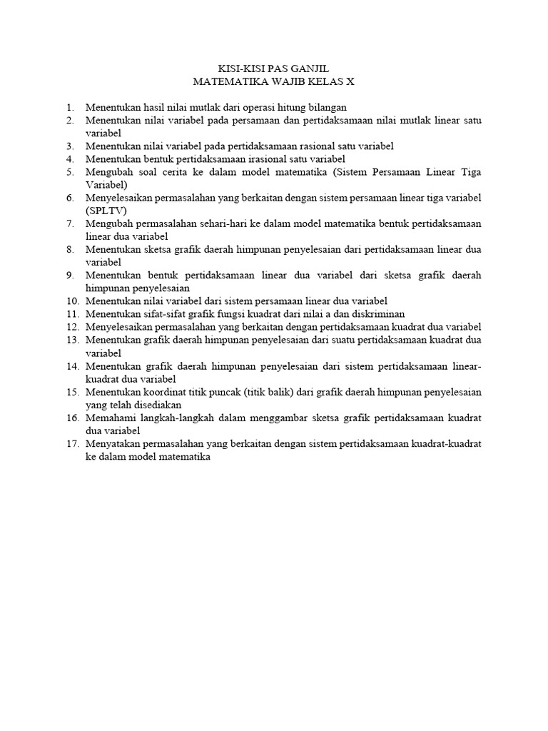 KISI-kisi PAS MTK Wajib Kls X | PDF