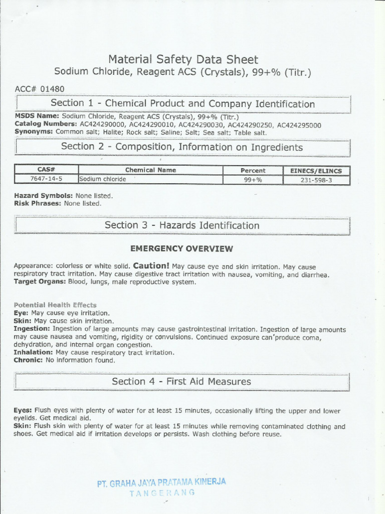 MSDS Sodium Chloride, Garam 3 | PDF