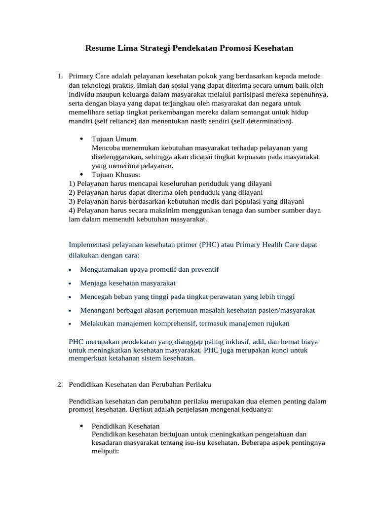 Resume Lima Strategi Pendekatan Promosi Kesehatan | PDF