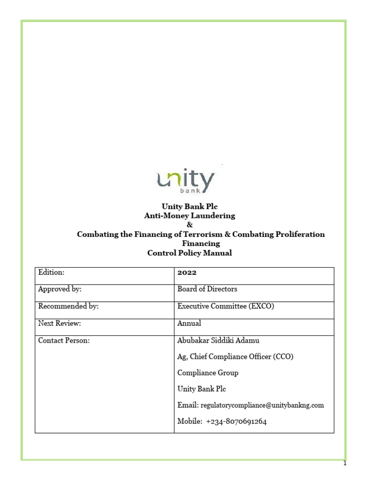 Unity Bank Aml-Cft-Cpf Policy Manual | PDF