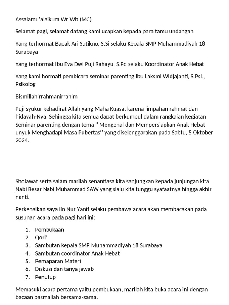 Teks MC Dan Moderator Parenting | PDF