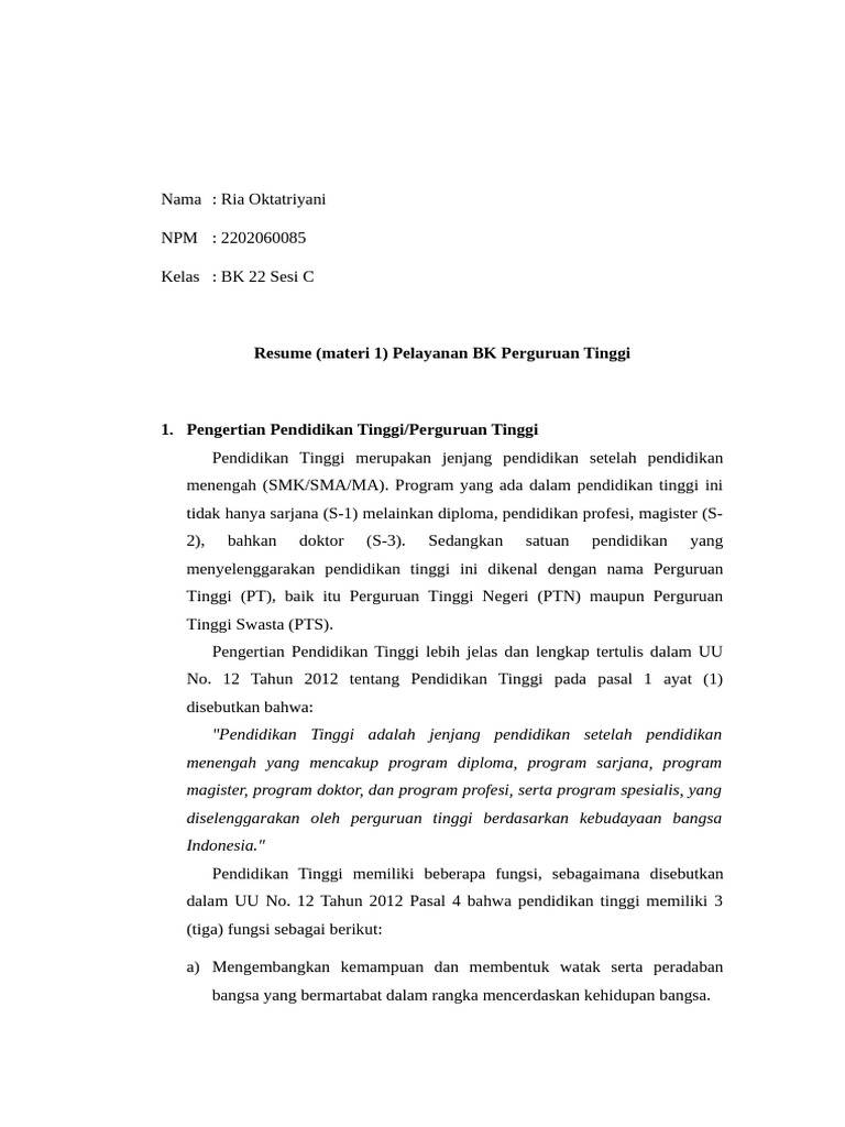 Resume 1 Ria Oktatriyani (2202060085) Pelayanan BK Di Perguruan Tinggi | PDF
