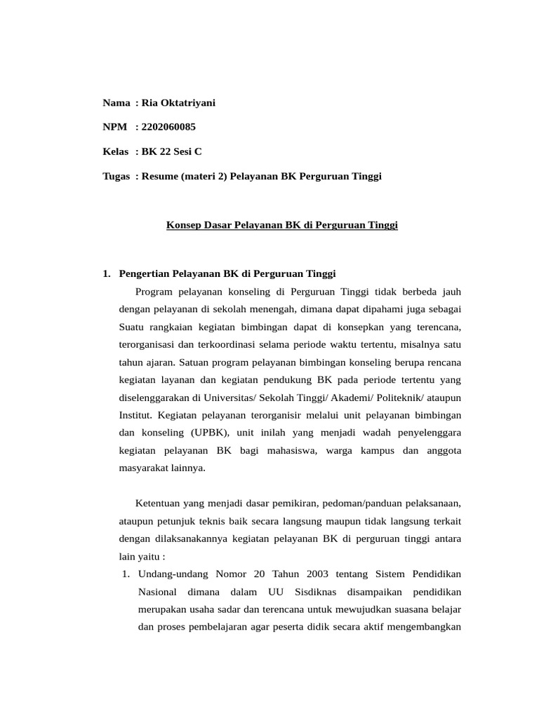 Resume 2 Ria Oktatriyani (2202060085) Pelayanan BK Di Perguruan Tinggi | PDF