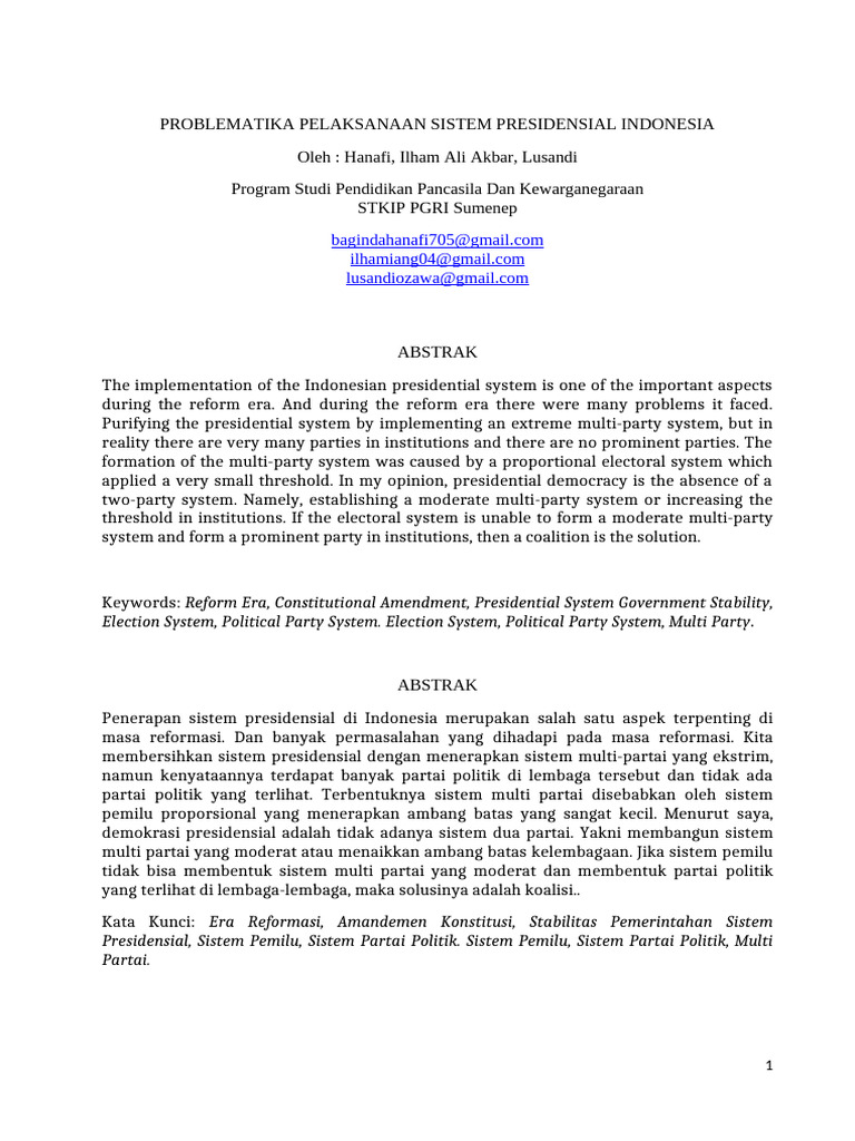 ARTIKEL JURNAL Tentang Problematika Pelaksanaan Sistem Presidensial Indonesia | PDF