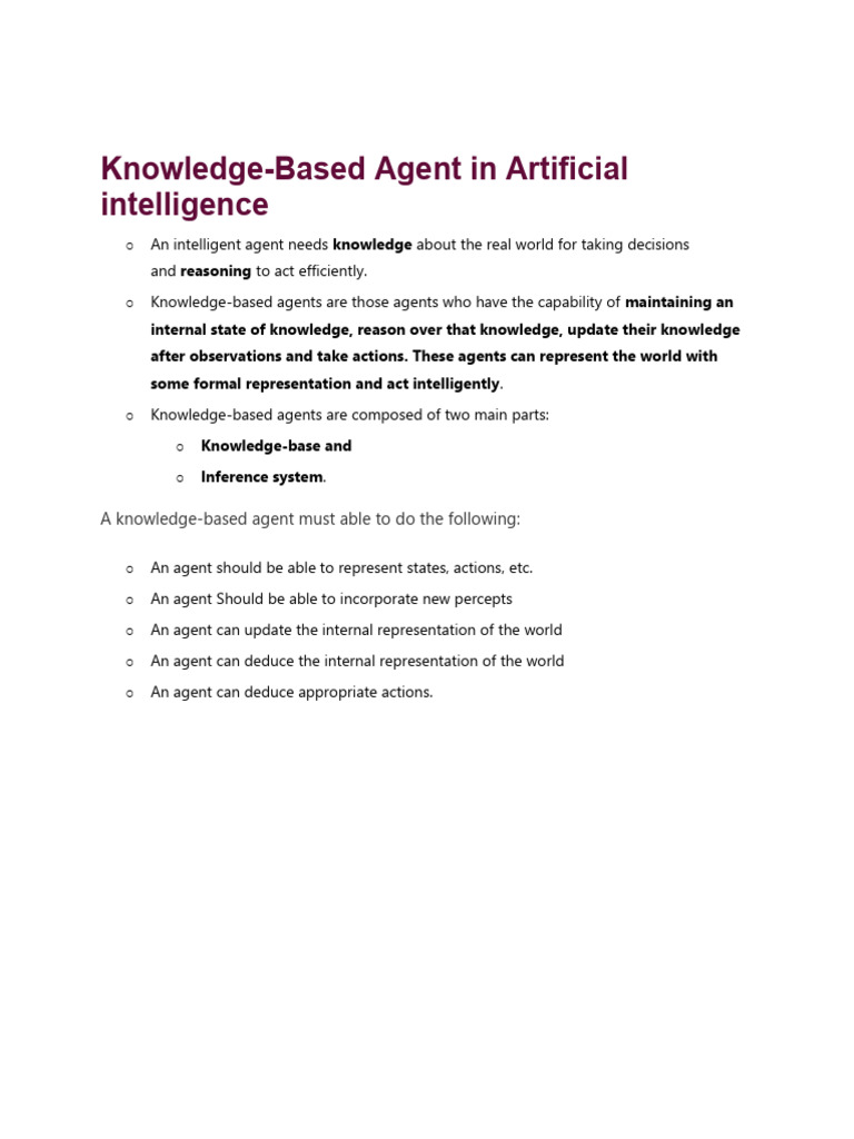 Knowledge-Based Agent in Artificial Intelligence | PDF