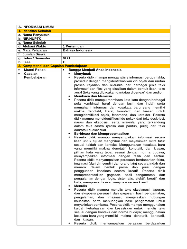 Modul Ajar Bahsa Indonesia Kls 6 | PDF