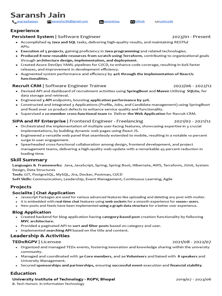 Saransh Jain Resume Java 1 | PDF