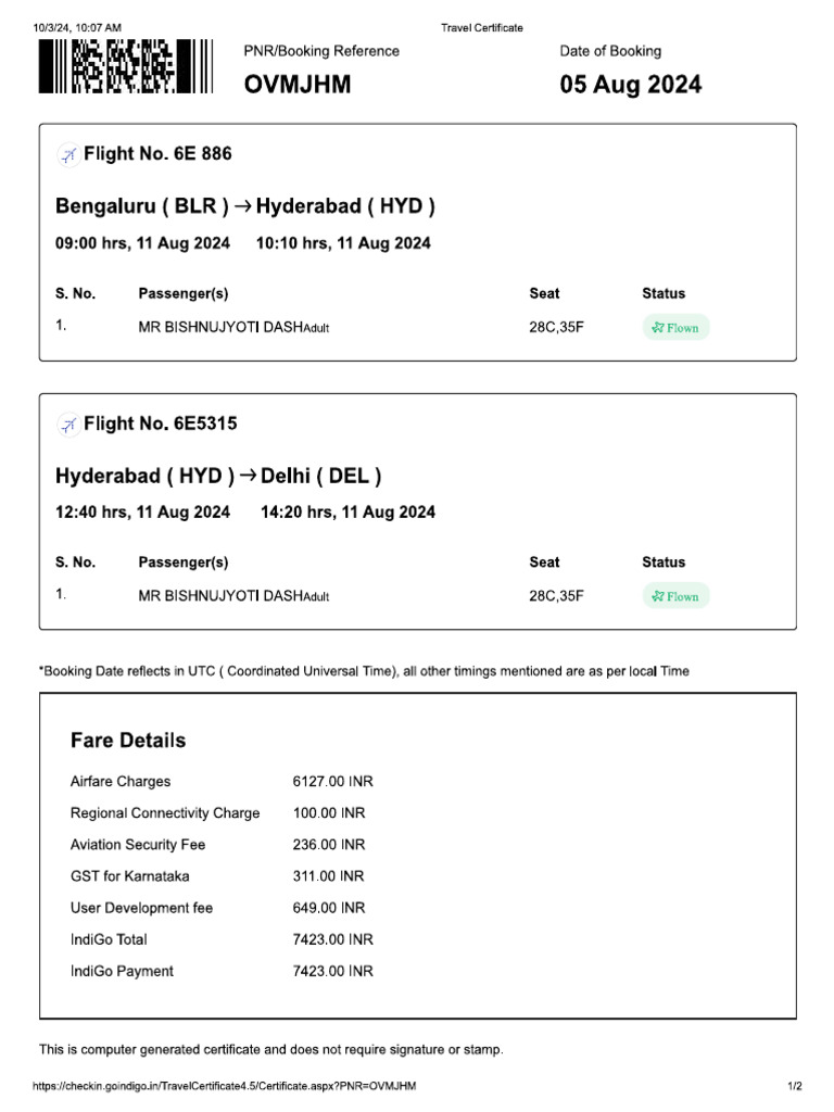 Travel Certificate Indigo | PDF