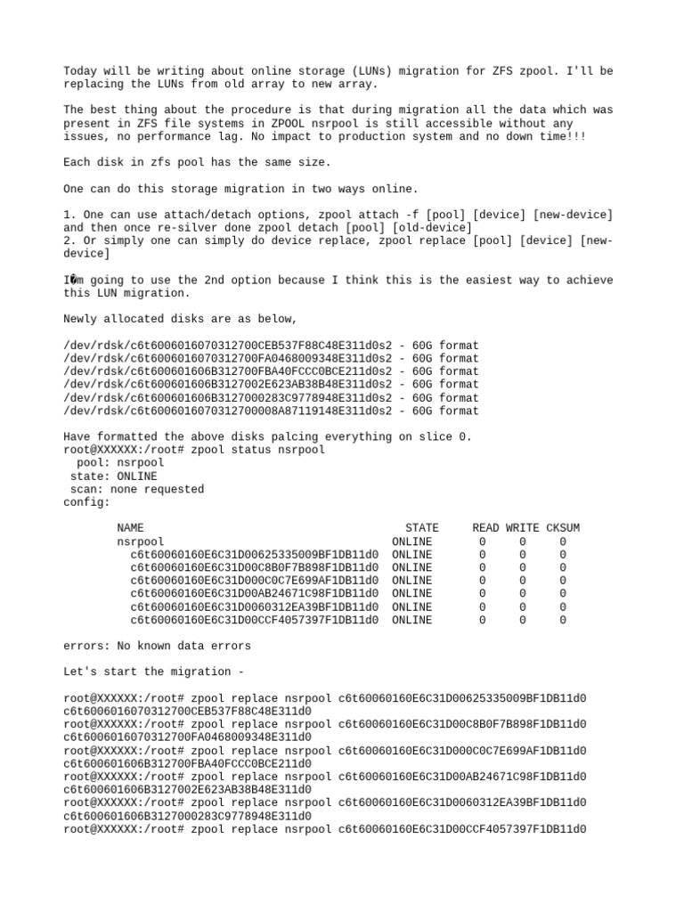 Online Storage (LUNs) Migration For ZFS Zpool | PDF