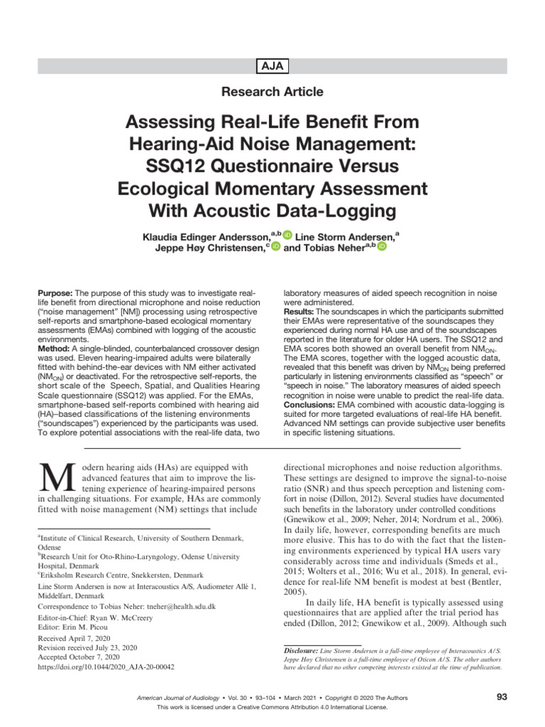 Andersson Et Al 2020 Assessing Real Life Benefit From Hearing Aid Noise ...