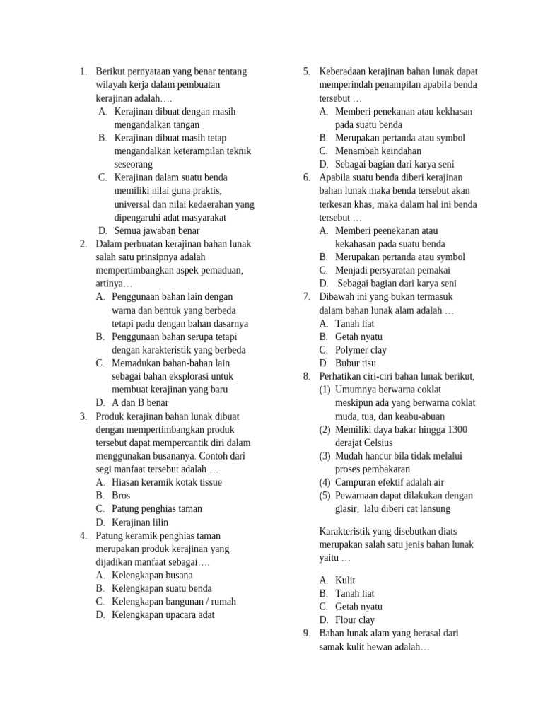 Soal Kerajinan Bahan Lunak | PDF