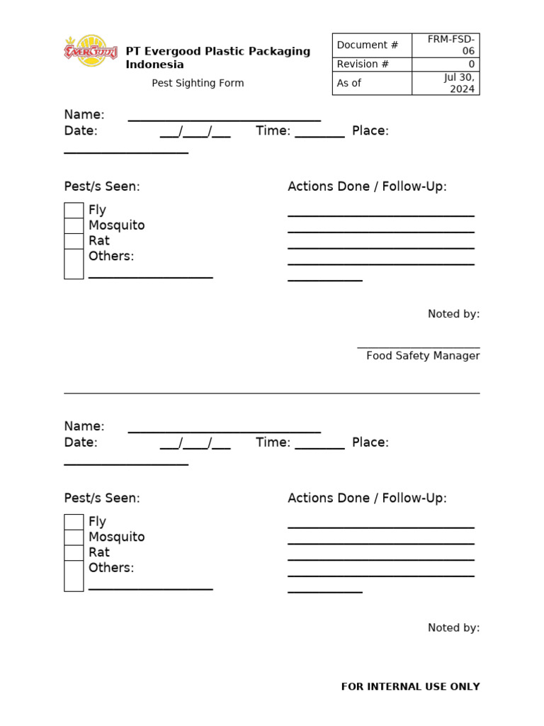 FRM-FSD-06 Pest Sighting Form | PDF