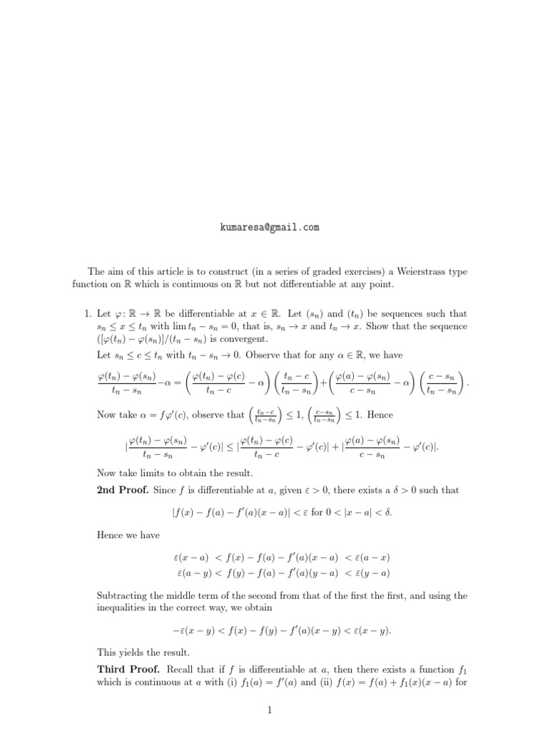 A Continuous But Nowhere Differentiable Function | PDF
