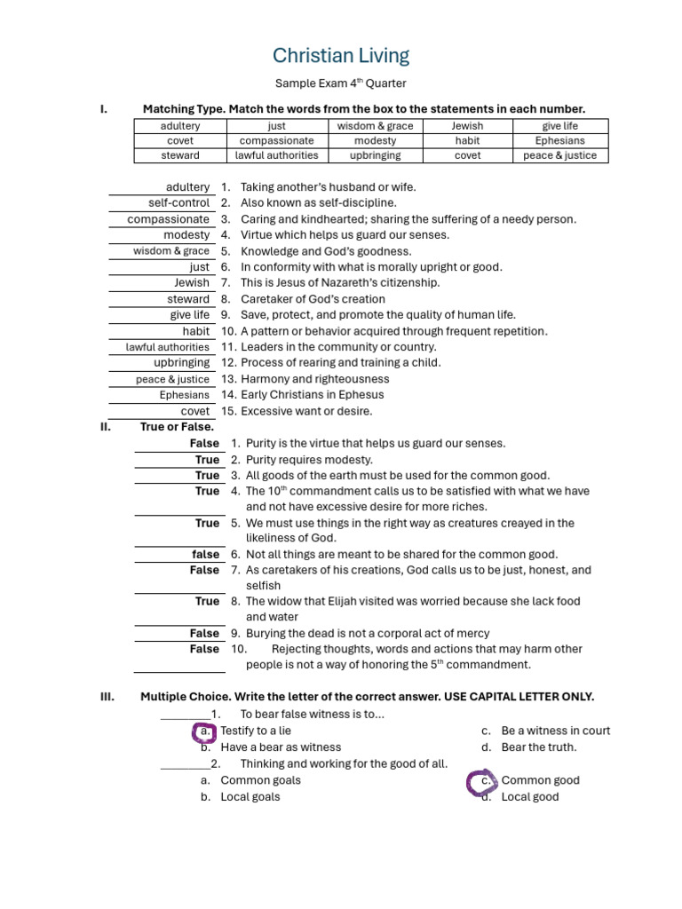 Christian Living Answer Key Grade 5 4th Quarter | PDF