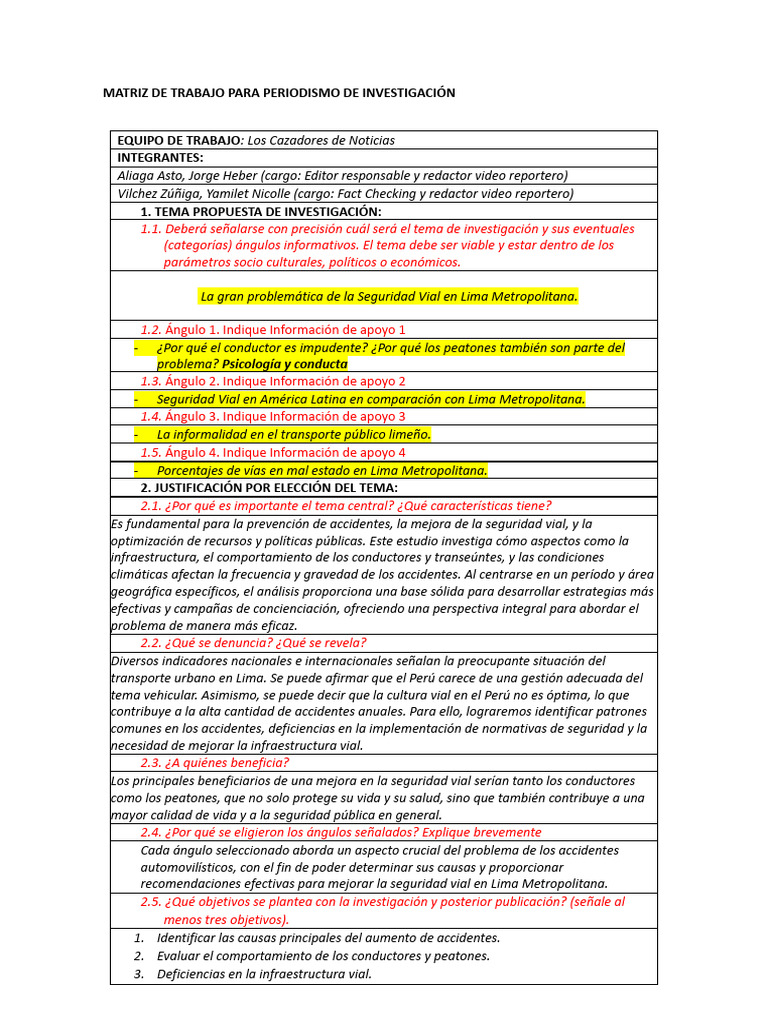 Matriz de Trabajo para Periodismo de Investigación | PDF | Peatonal ...