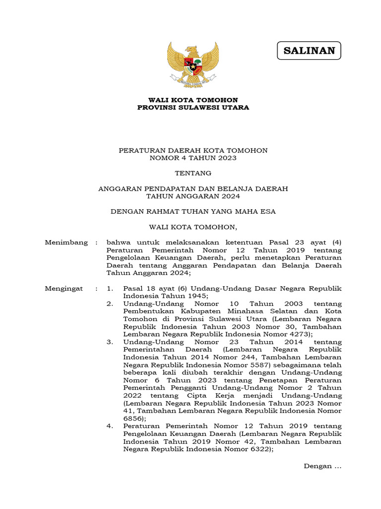 Perda No 4 THN 2023 Apbd 2024 | PDF