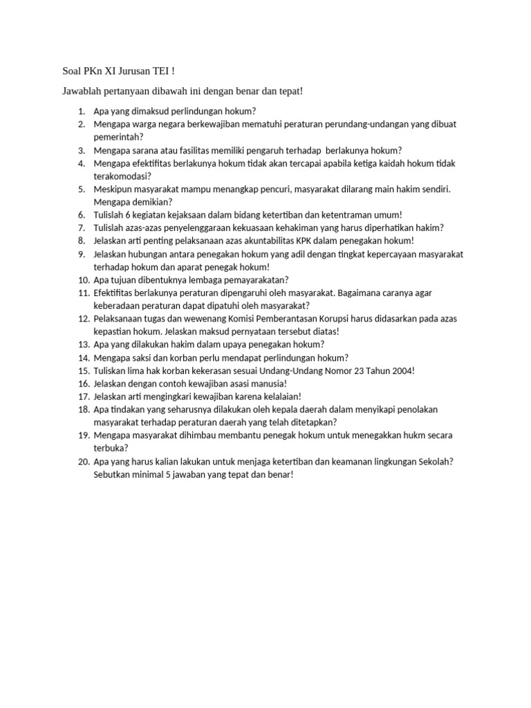 Soal PKn XI TEI 1 | PDF