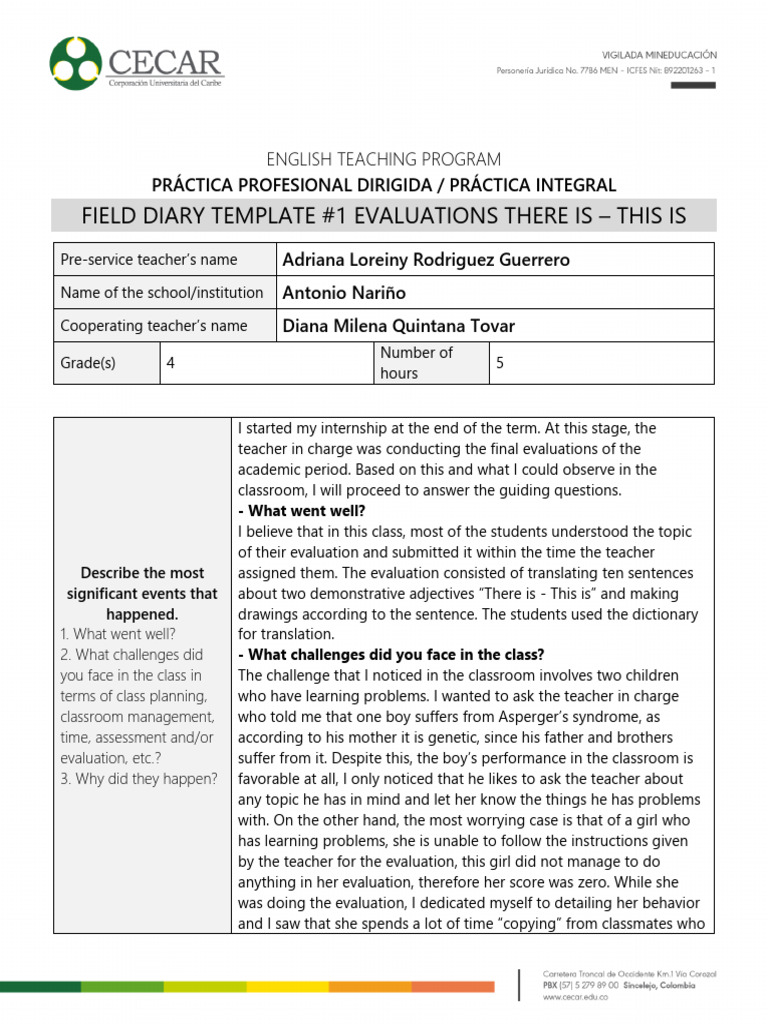 English Teaching Field Diary Pdf Lesson Plan Teachers