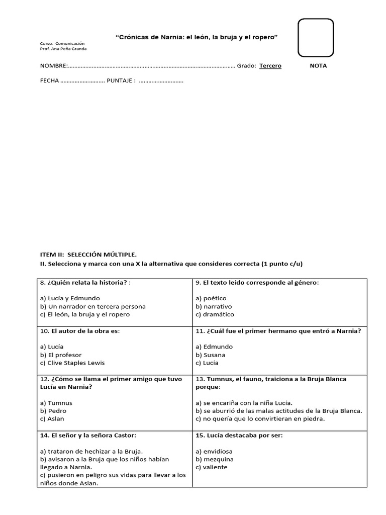 PRUEBA LECTURA Cronicas de Narnia El Leon La Bruja y El Ropero 2017 ...