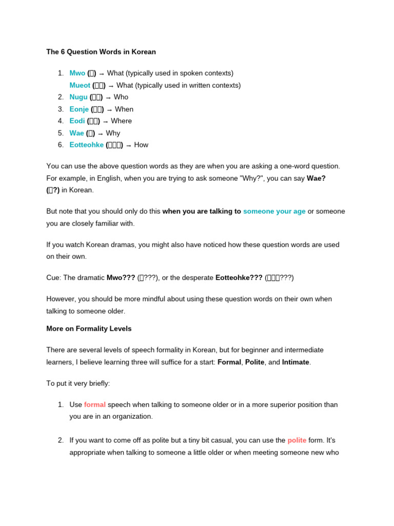 The 6 Question Words in Korean | PDF