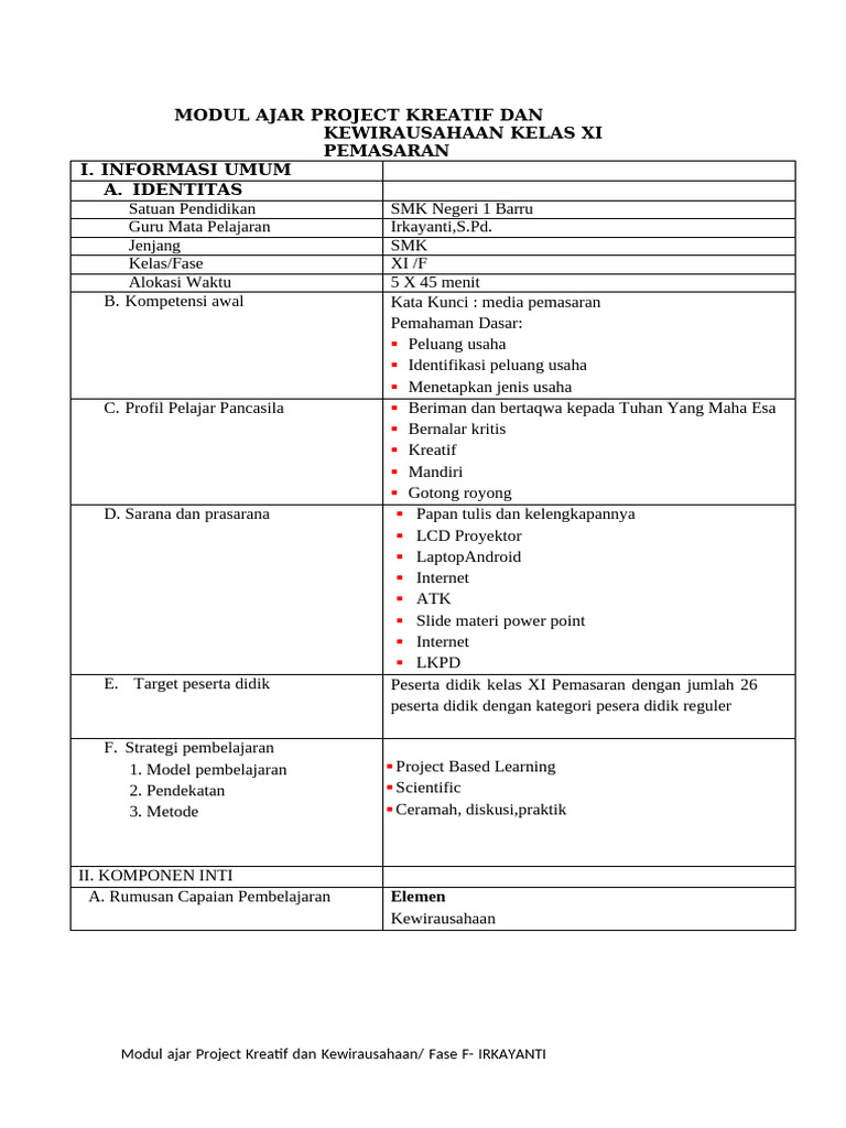 Modul Ajar Pemasaran Irkayanti | PDF