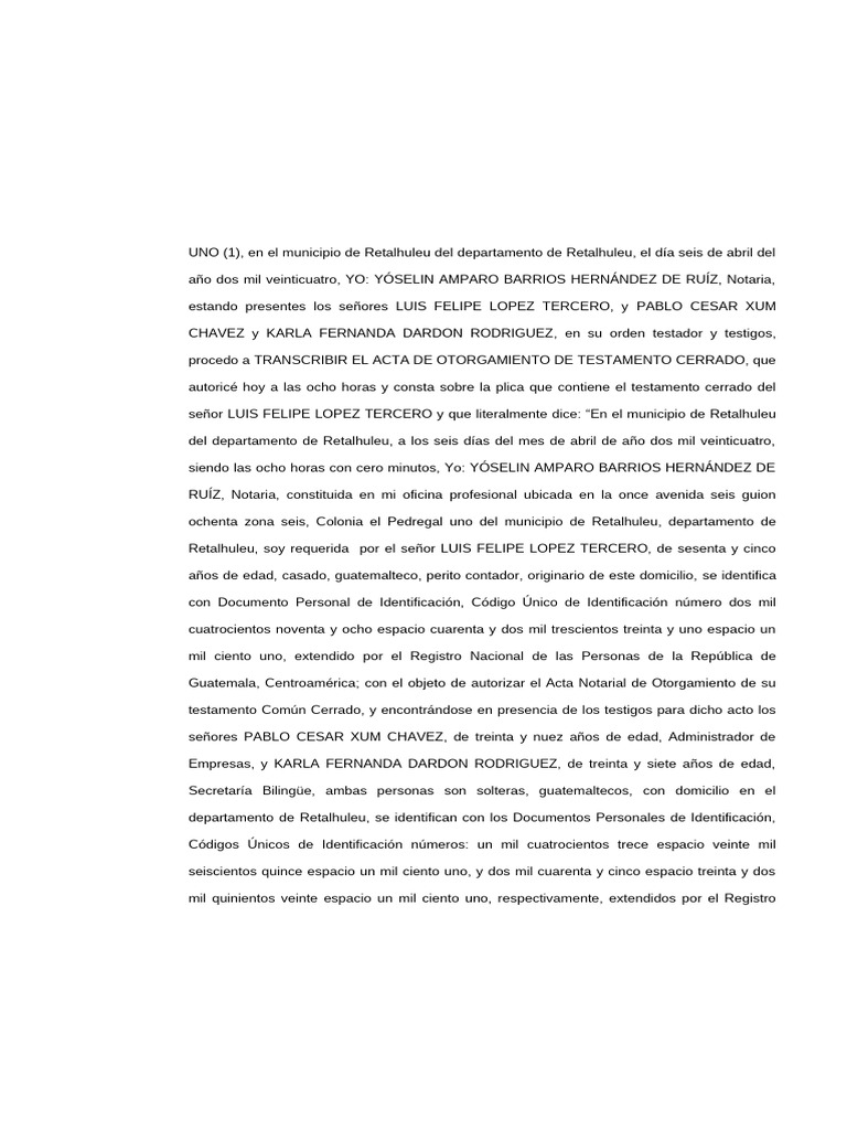 Testamento Cerrado Escritura Yoselin | PDF