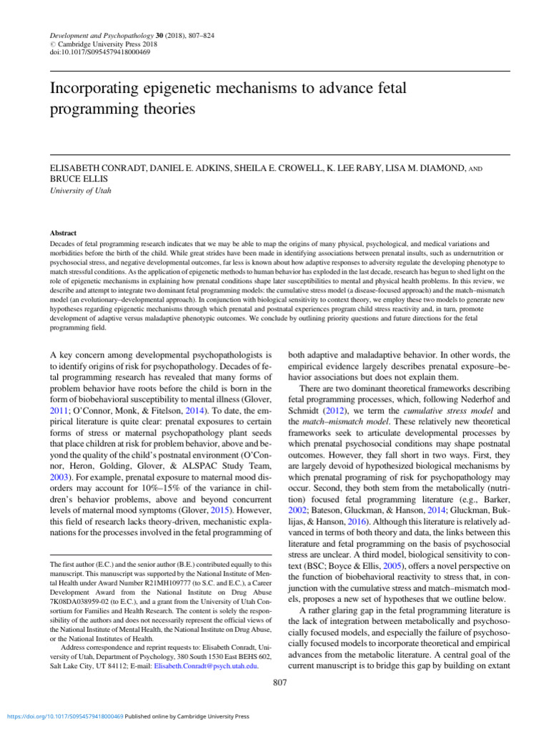 Incorporating Epigenetic Mechanisms To Advance Fetal Programming Theories | PDF