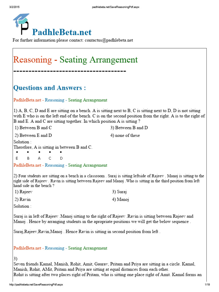 Seating Arrangement Single Problem Based Pdf