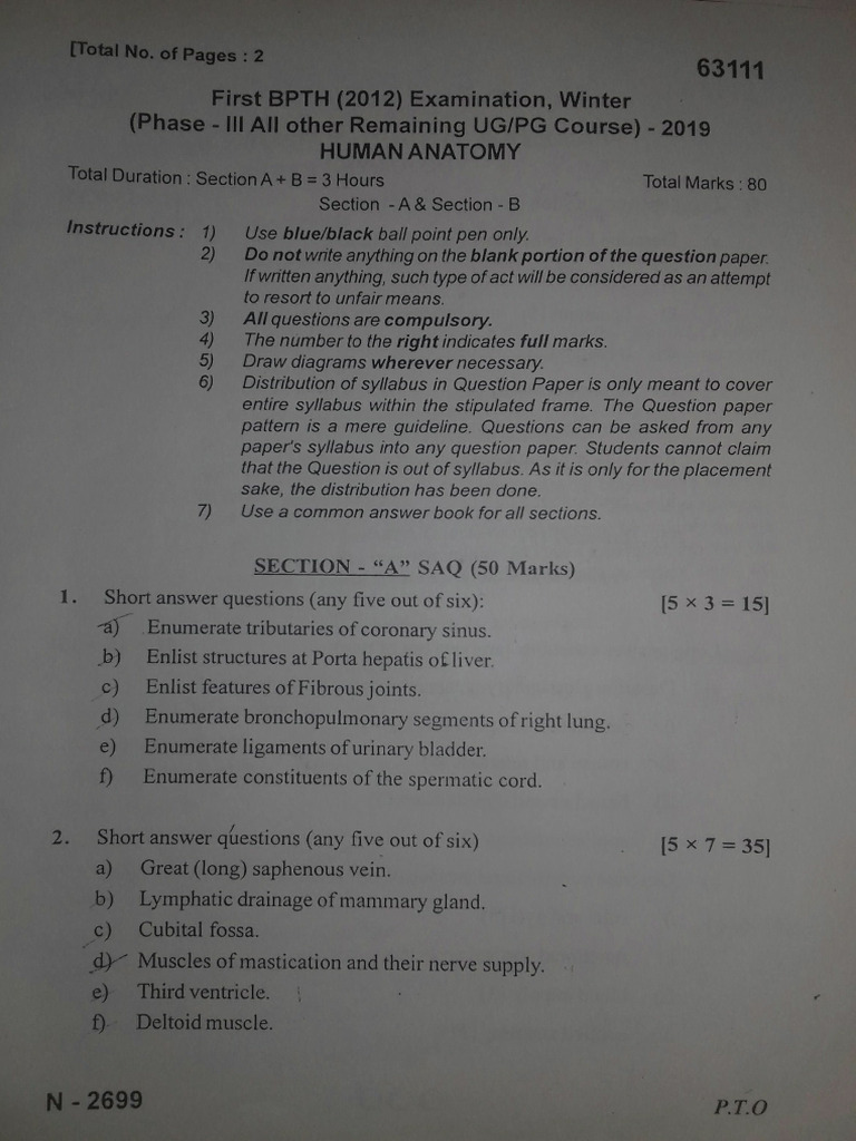 1st Year Anatomy Winter 2019 Paper | PDF