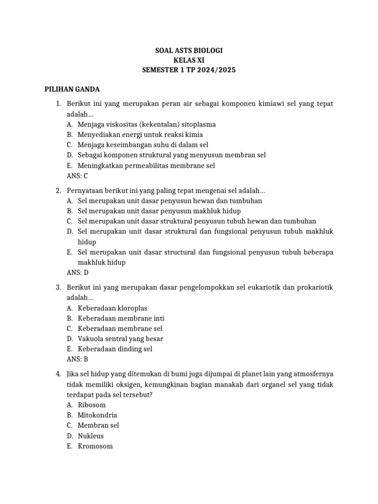 Soal Ats Biologi Kelas Xi Sman 1 Sukaraja | PDF