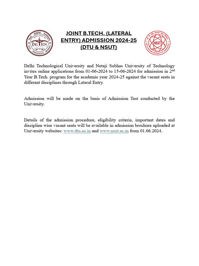 Lateral Entry - NSUT Website Adv-May 28 | PDF